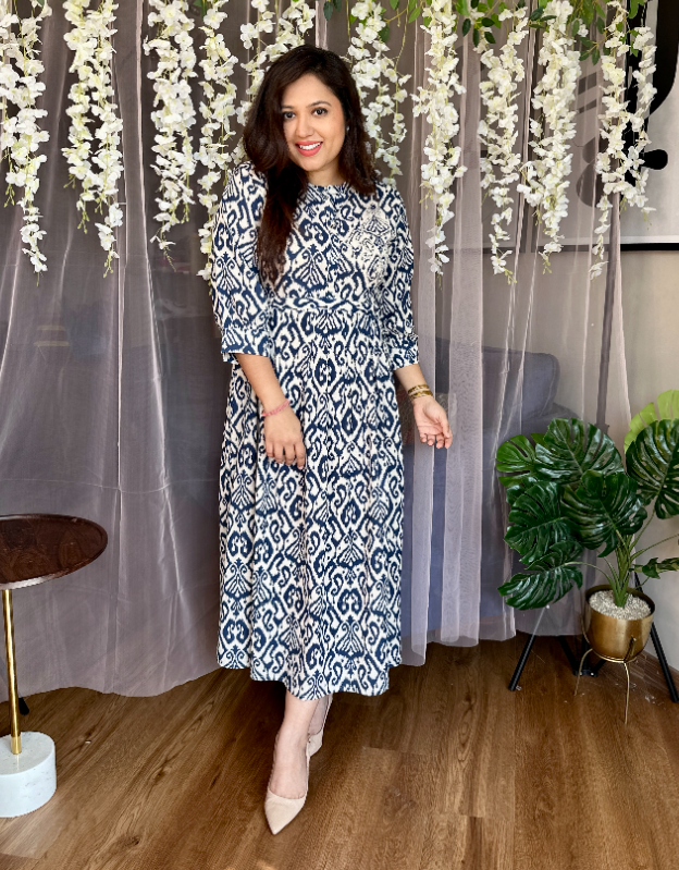 Sara printed dark blue casual dress in cotton